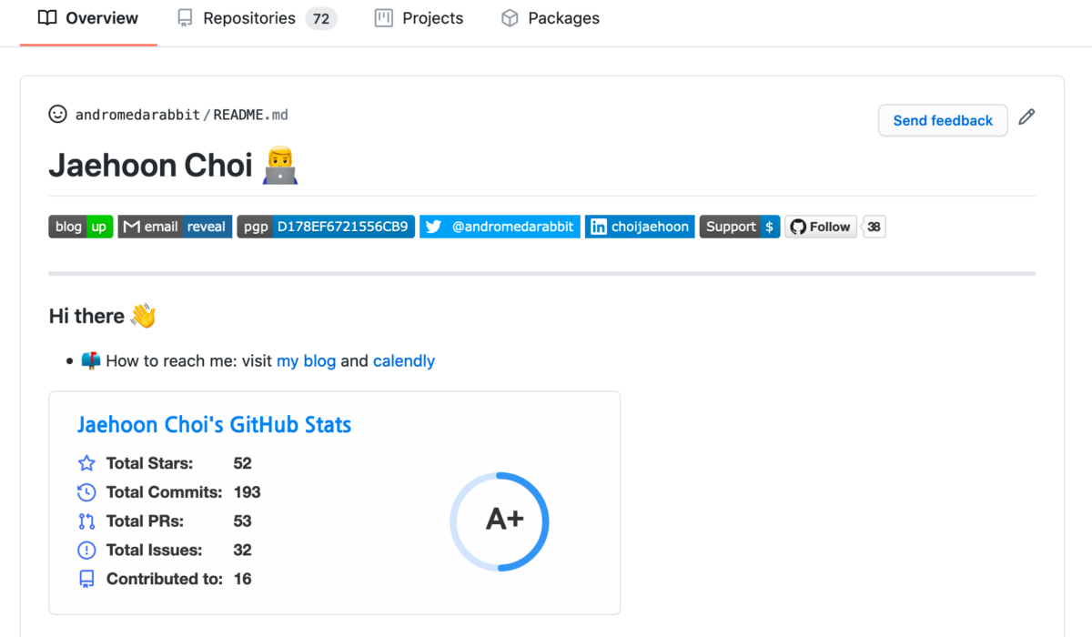 나도 Github Profile README 꾸며보았다 – 안드로메다 토끼